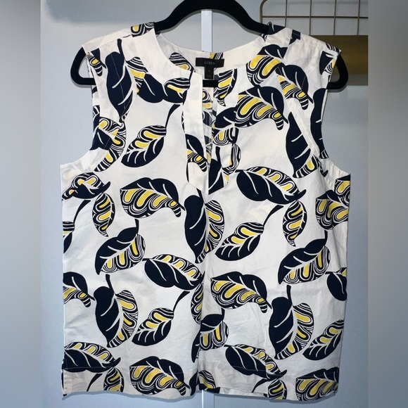J. Crew | Tops | Size 4 J Crew White Yellow And Dark Blue Top With Leaf ...